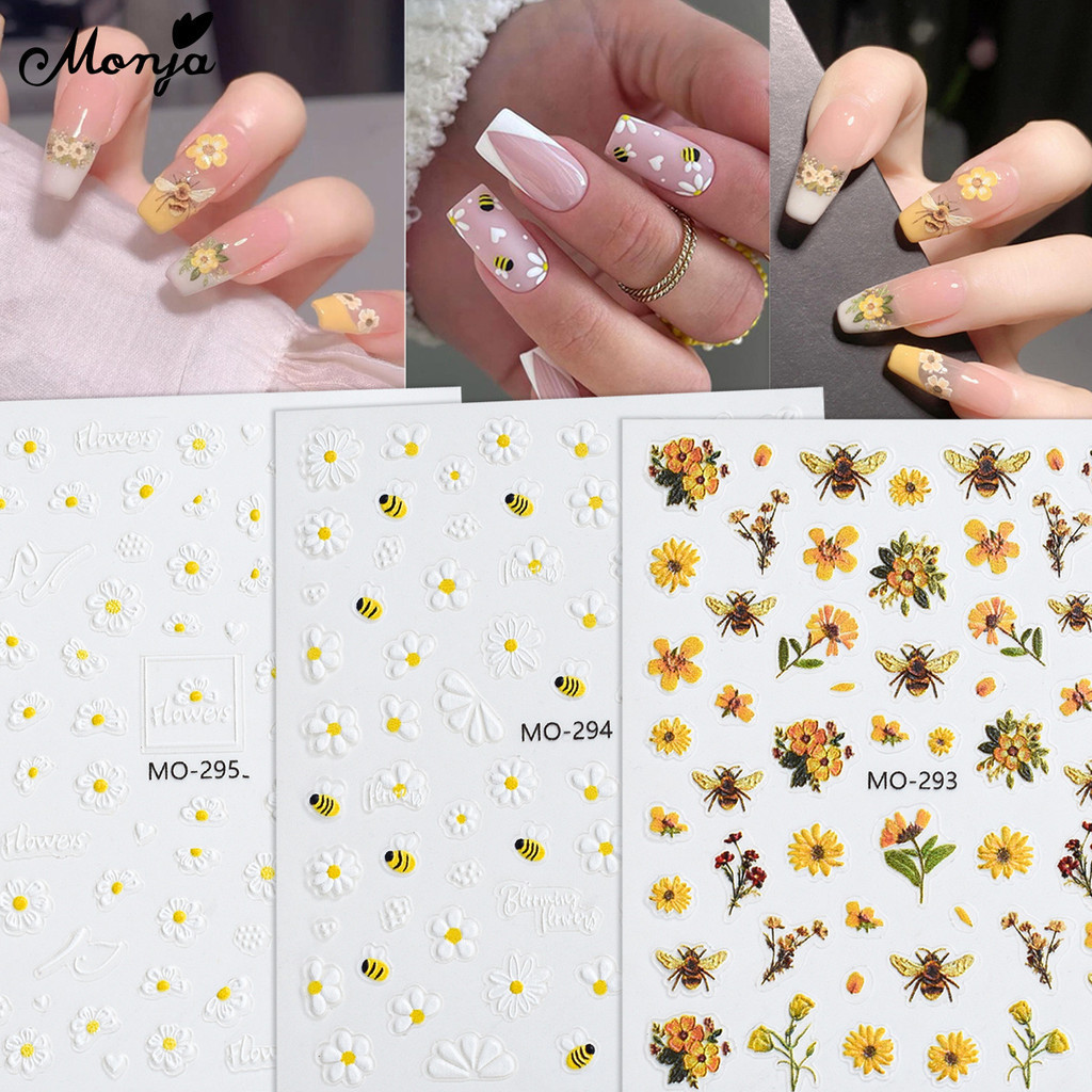 Monja 3D Embossed Nail Stickers Yellow Flowers Bee Nail Decals Relief ...