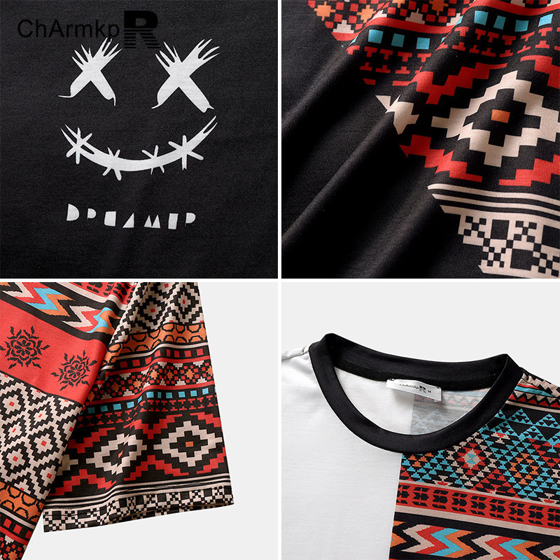 ChArmkpR Men's Smile Geometric Ethnic Pattern Curved Hem Short Sleeve T ...