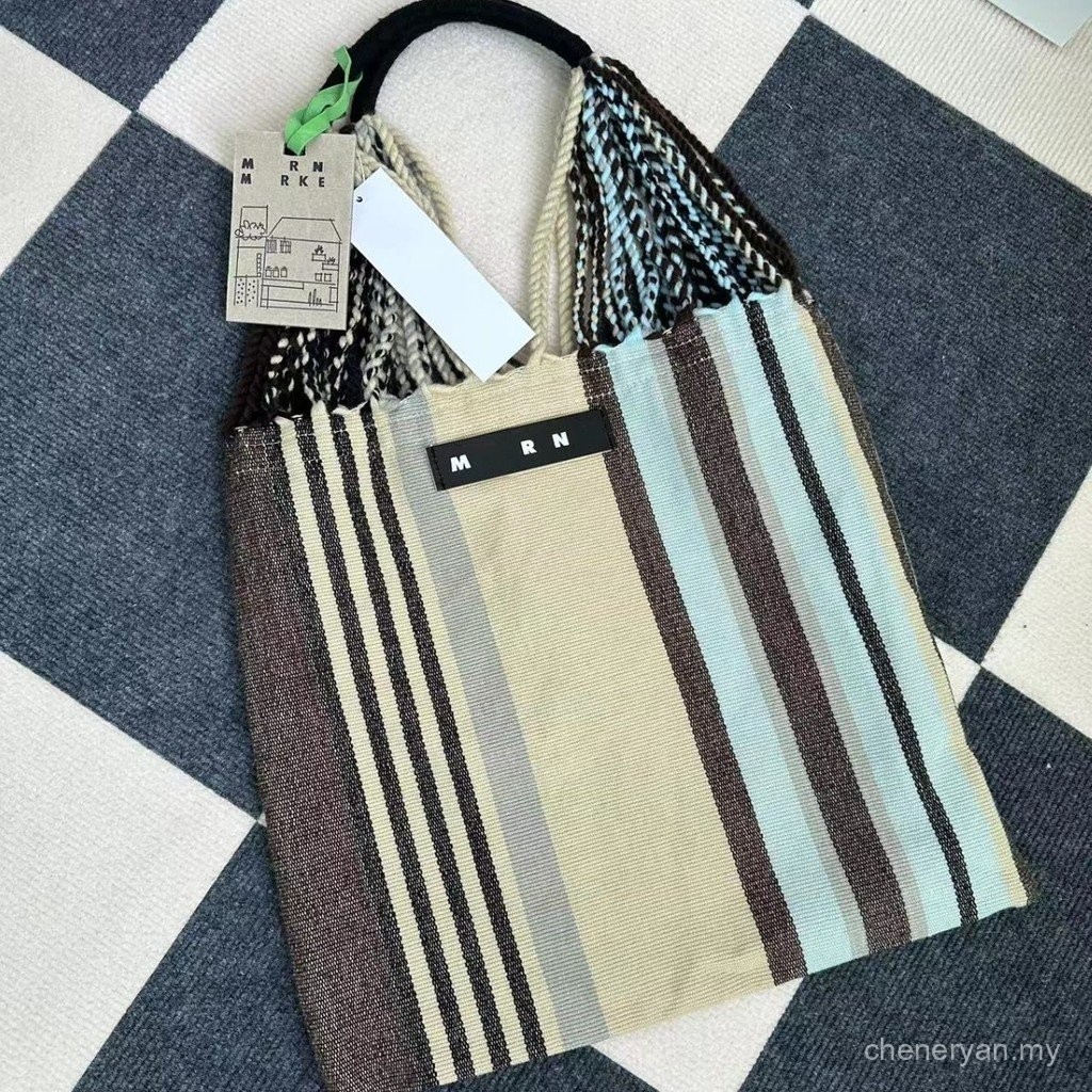 2024 New Style Canvas Wool Knitted Bag Retro Striped Tote Bag ins Super ...