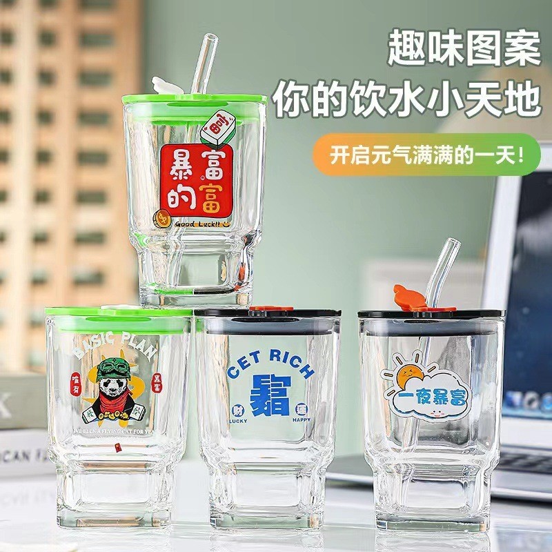 Cawan Jerami Kaca Persegi dengan Penutup Jerami Botol Air Ais Susu ...