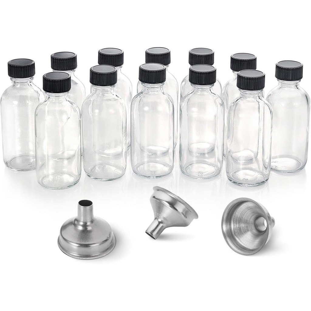 12 pek, 2 oz botol kaca jelas kecil w/tudung & 3 corong keluli tahan ...
