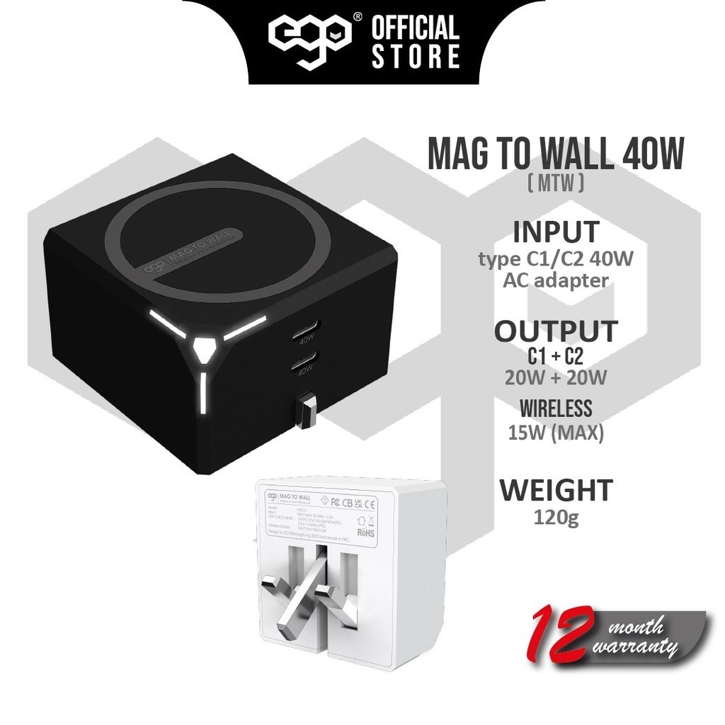 EGO Mag To Wall 40W Mag-Safe Charger MTW With PD Fast Charging, 2X USB ...