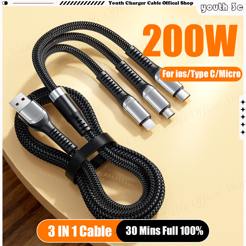 200W Duckbill Ultra Fast & Safe Charging Cable (For ios 15 Type C Micro ...