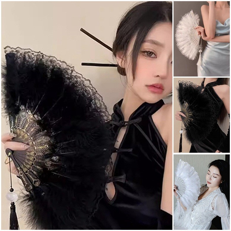 Chinese Style Dance Fan Simple Artificial Feather Hand Fan Foldable ...
