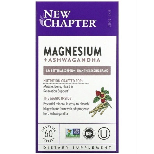 New Chapter, Magnesium + Ashwagandha, 30/60/90 Vegan Tablets | Shopee ...