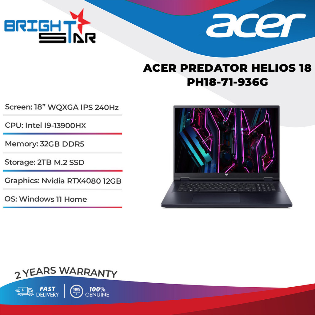 ACER Predator Helios 18 PH18-71-936G Gaming Laptop - 18" WQXGA IPS 240Hz/I9-13900HX/32GB DDR5 ...
