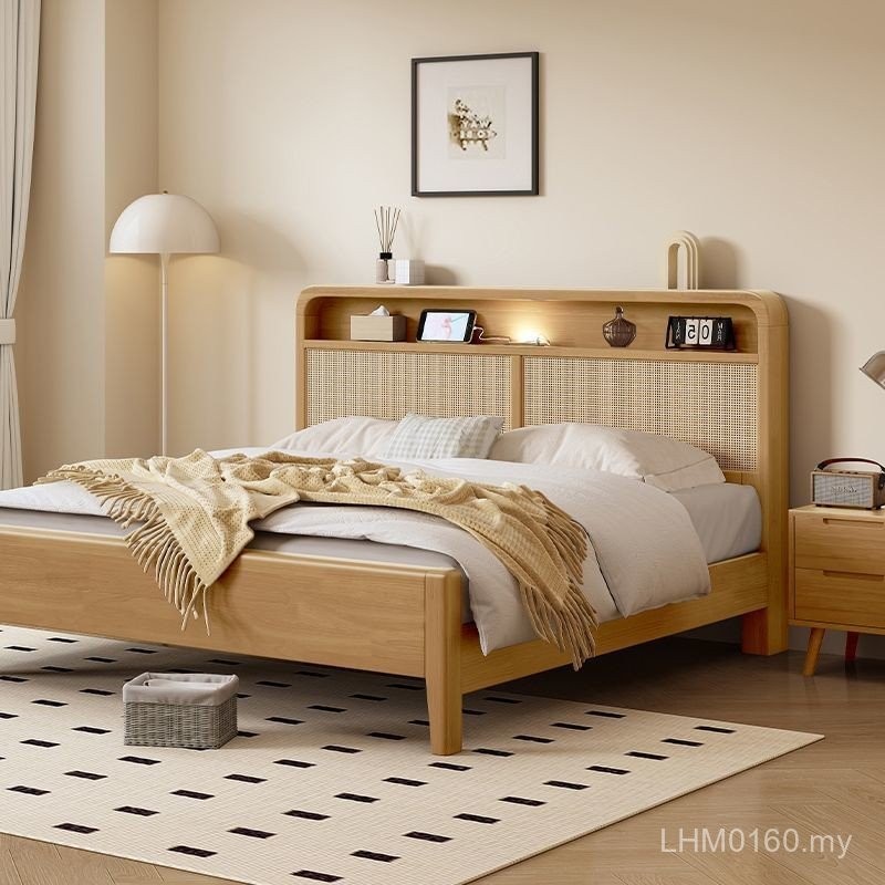 Nordic Solid Wood Rattan Bed B & B Retro Bed Lonely Style Minimalist ...