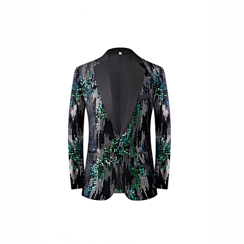 Men's Flat Velvet Black Background Silver Green Sequin Suit Jacket Slim ...