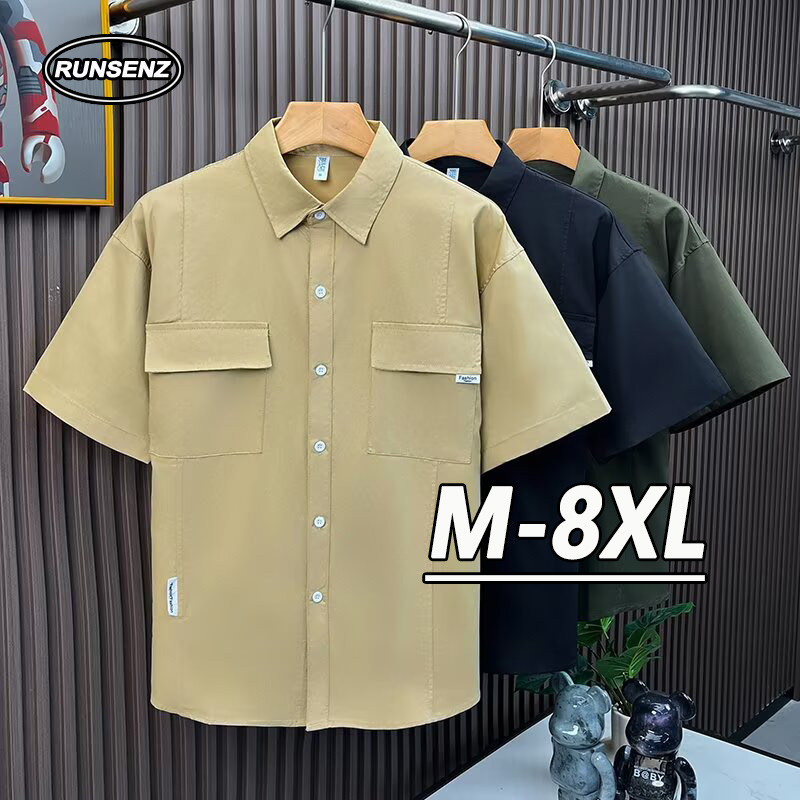 M-8XL Japanese High-end Cargo Shirt Men Plus Size Short Sleeve Shirt Simple Casual Loose ...