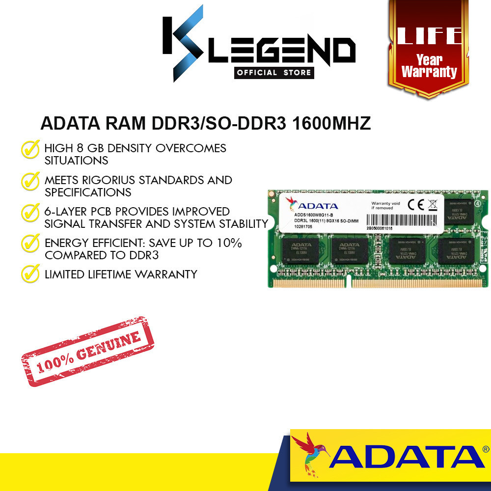 ADATA RAM DDR3/SO-DDR3 1600MHZ U-DIMM/SODIMM Laptop/ DDR3 (8GB ...