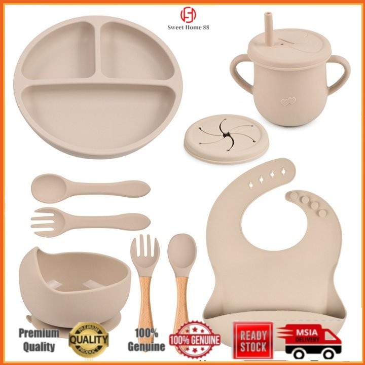 9PCS Baby Feeding Set Baby Silicone Plate Dinning Set With Bowl Bib Cup ...