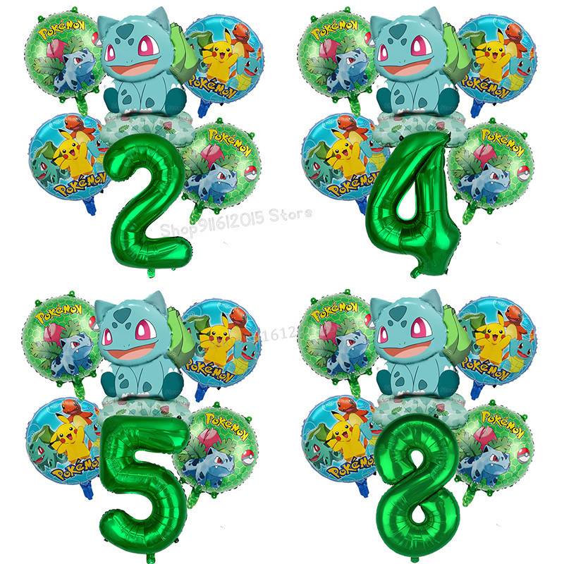 Bulbasaur Pokemon 6pcs Green Series Theme Character Digital Balloon Set ...