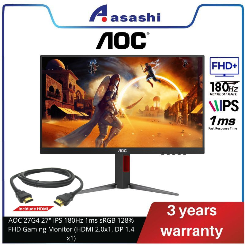 AOC 27G4 27" IPS 180Hz 1ms sRGB 128% FHD Gaming Monitor (HDMI 2.0x1, DP ...