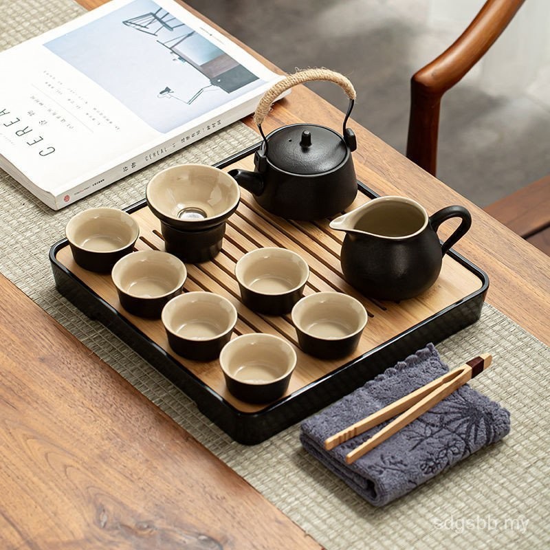 Black Pottery Lifting Beam Teapot Teacup Kung Fu Tea Set Household ...