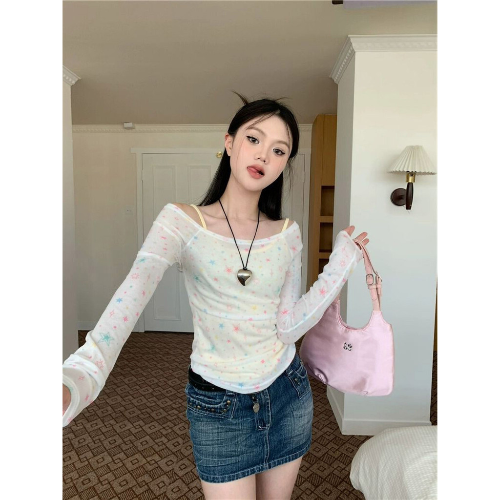 SUXI New Summer Korean Star Pattern One Shoulder Long Sleeve Sun ...