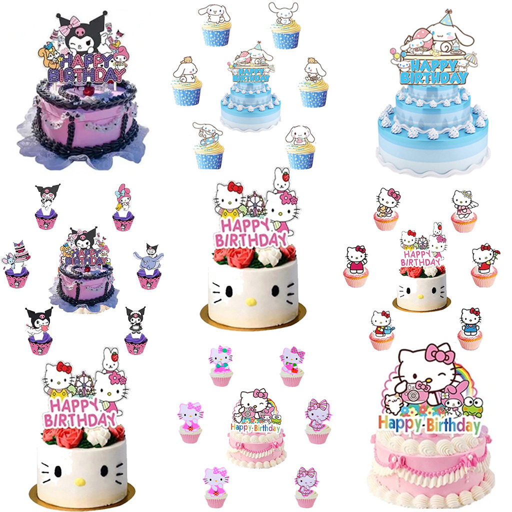24Pcs Birthday Cartoon Cinnamoroll Kuromi Cake Topper , 1Pc Big Cupcake ...