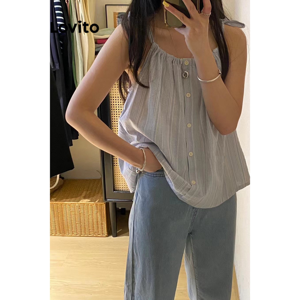 Lovito Casual Striped Lace Up Button Front Tank Top for Women LNA54255 ...