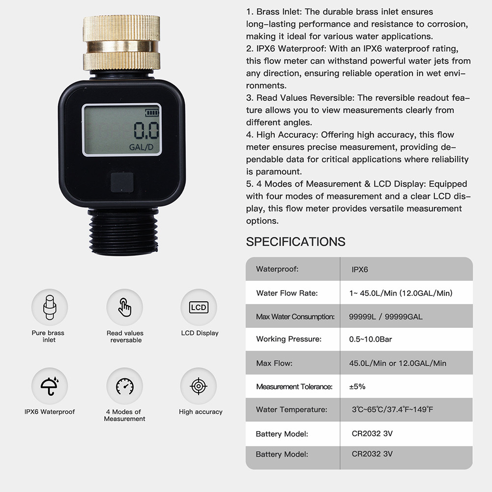 Digital Water Flow Meter with Brass Inlet IPX6 Waterproof for Hose ...