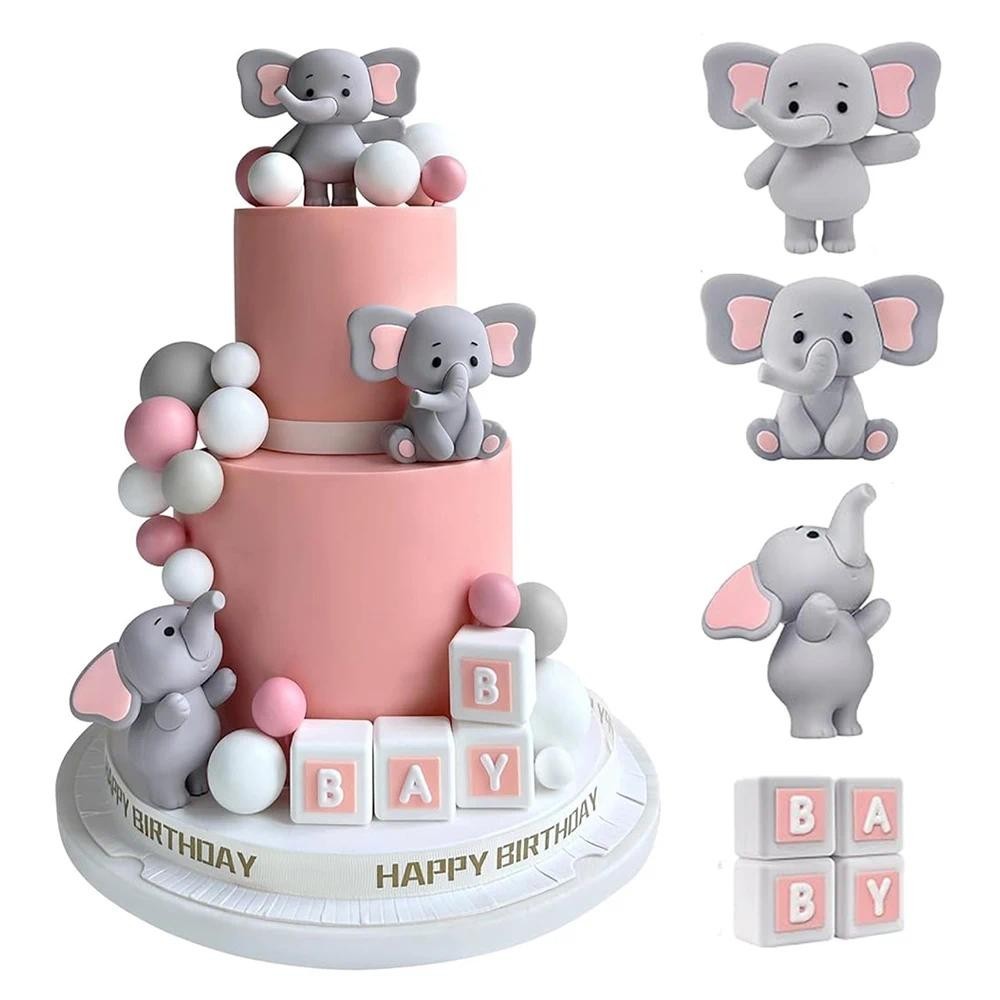 4pcs Elephant Cake Topper Pink Baby Elephant Kids Birthday Cake ...