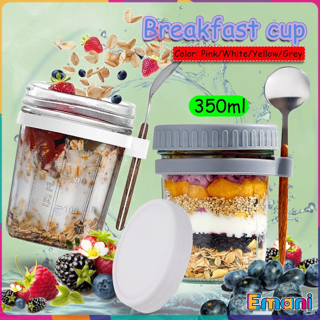 Em 350ml Reusable Overnight Oats Jars With Spoon Airtight Oatmeal Cup Container Breakfast Cups ...