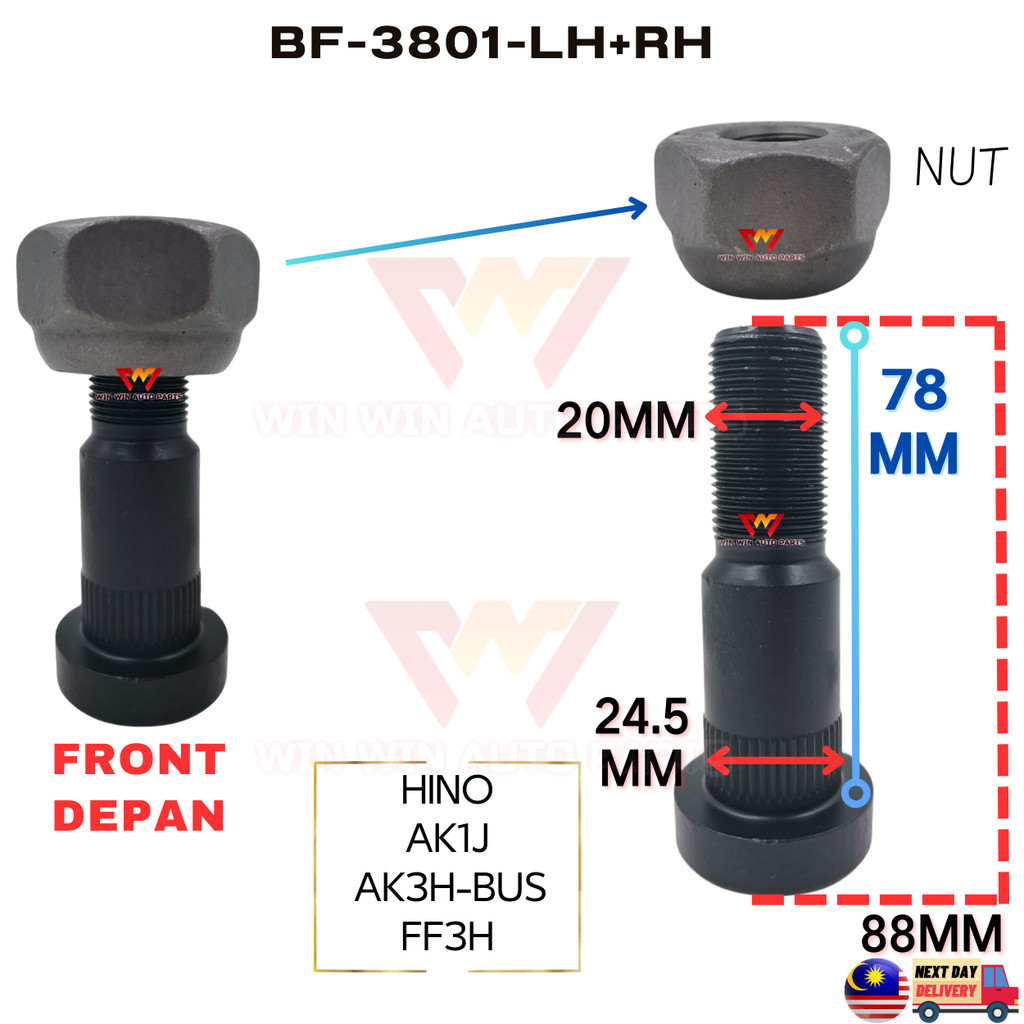BF-3801-LH+RH Hino AK1J / AK3H-BUS / FF3H (Front/Depan) Wheel Hub Bolt ...