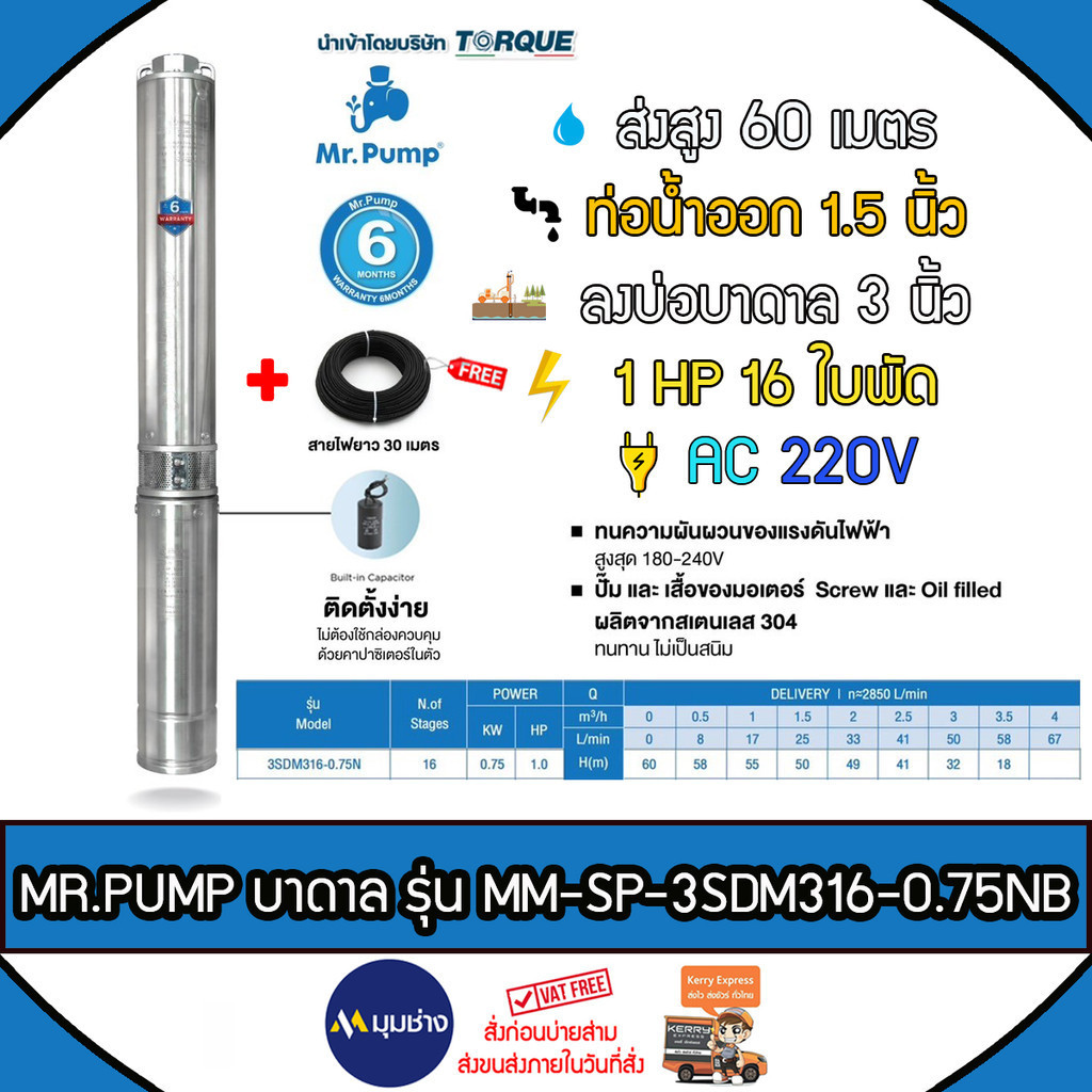 MR.PUMP AC Submersible Pump Model 3SBM316-0.75NB (220V) 1HP 16 Blades Maximum Delivery 60 Meters ...