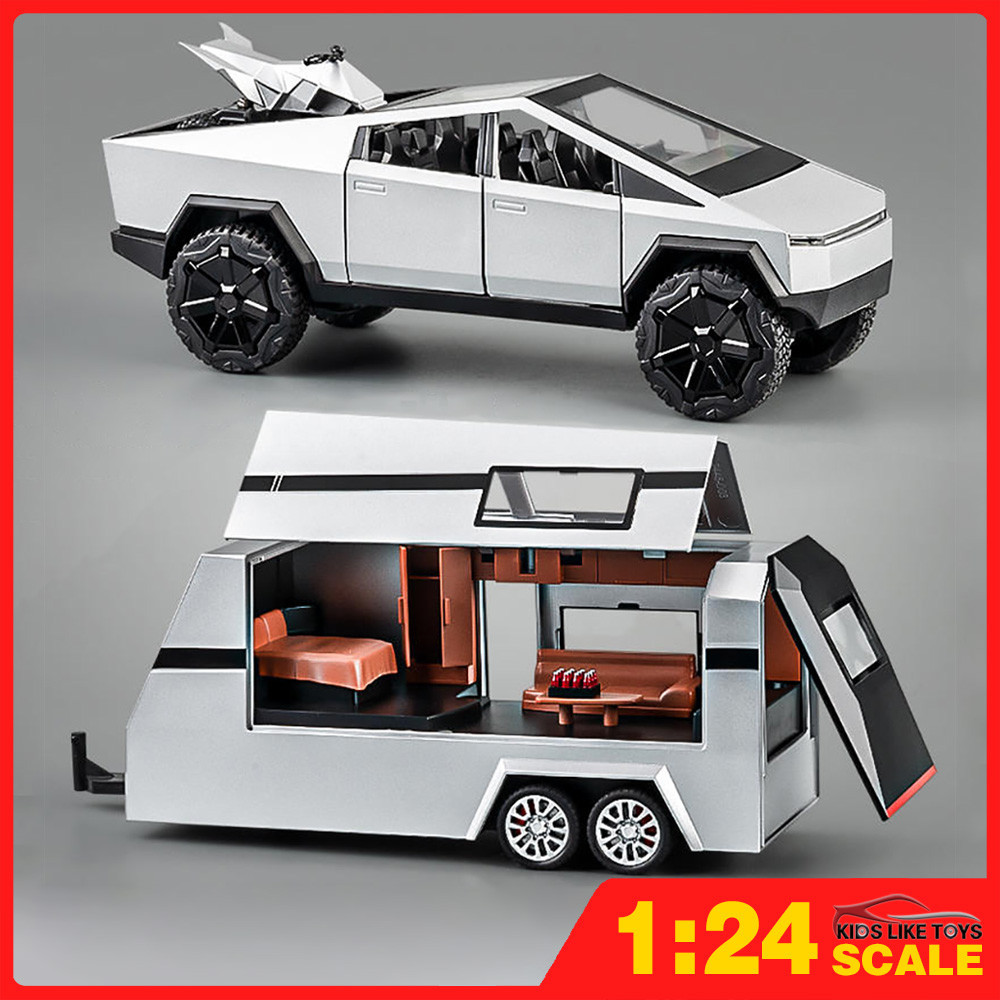KLT 1:24 Tesla Cybertruck Pickup Trailer RV Metal Alloy Toys Car Model ...