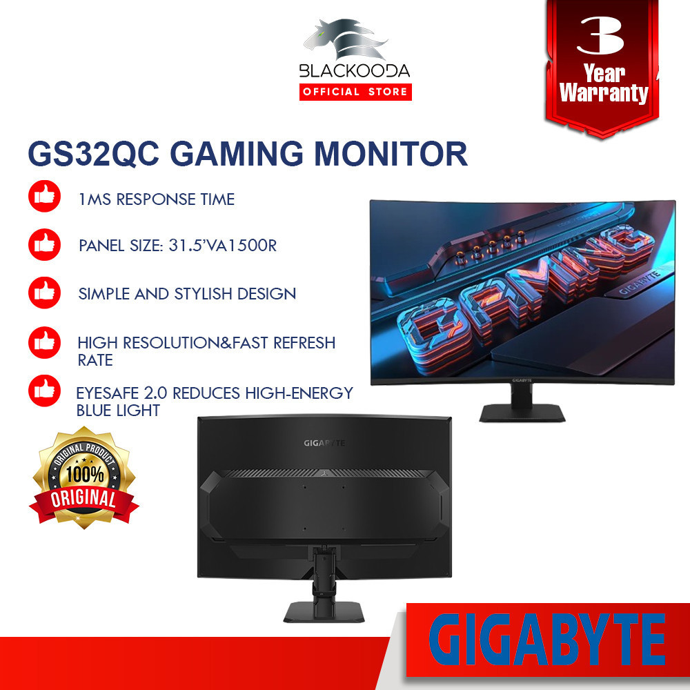 Gigabyte GS32QC 31.5" QHD 170HZ 1MS FREESYNC HDR VA 1500R Curved Gaming ...