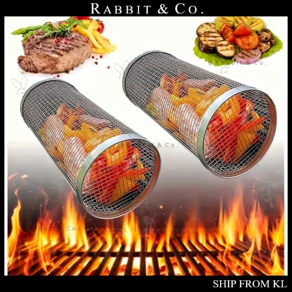 R&C Barbecue Cages BBQ Rolling Grilling Basket Grate Stainless Steel ...