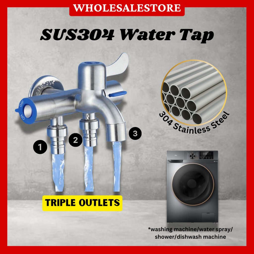 SUS304 3 Way Water Tap Valve Triple Water Tap Outlet Wall Mounted ...