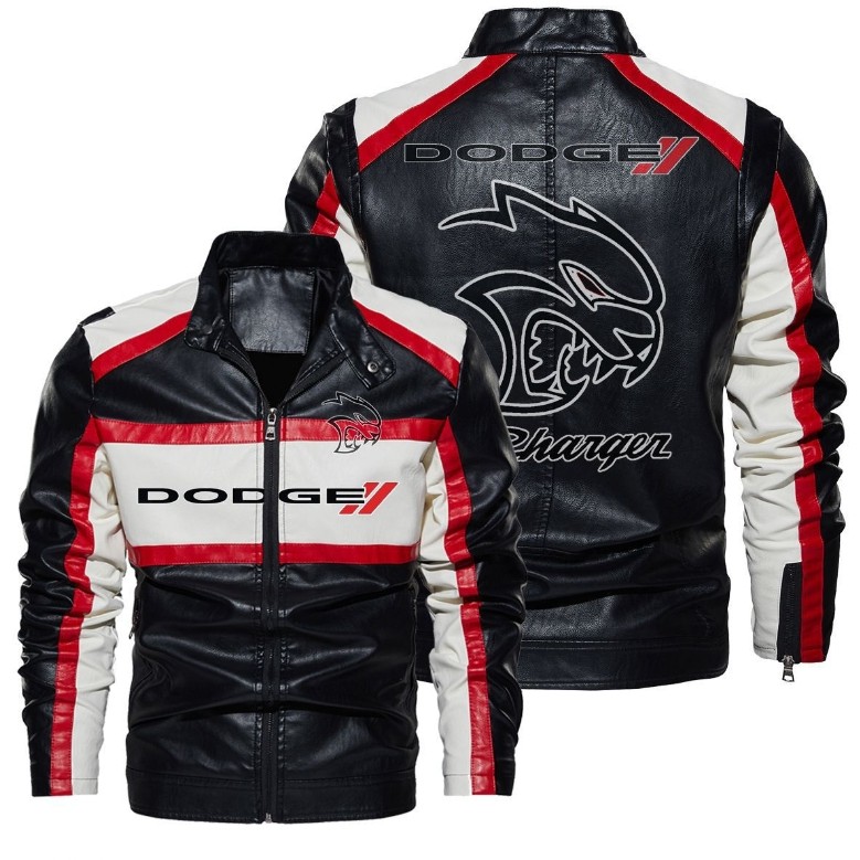 Dodge Leather Jacket, Stand-Up Collar Zipper, Contrast Color Leather ...