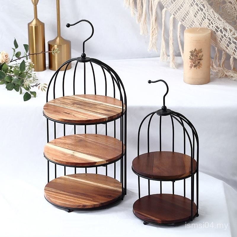 Retro Wooden Birdcage Three-Tier Snack Rack Dessert Table Cake Display ...