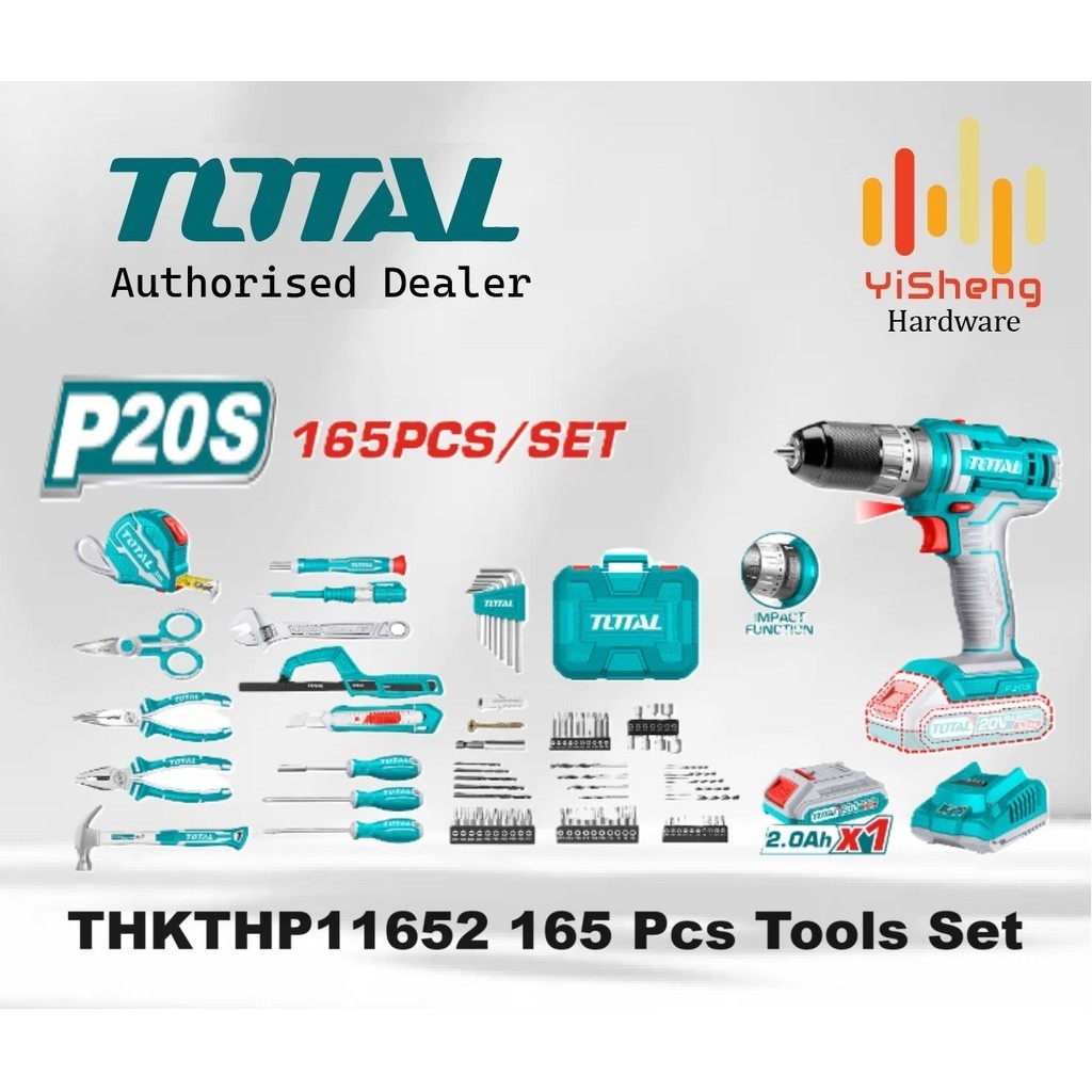 Total THKTHP11652 165 Pcs Tools Set with 20v Cordless Drill / Hand ...