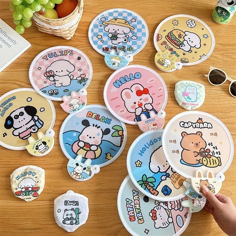 Summer Cool Foldable Round Fan Cute Hand Fan Cartoon Fresh Small Pocket ...