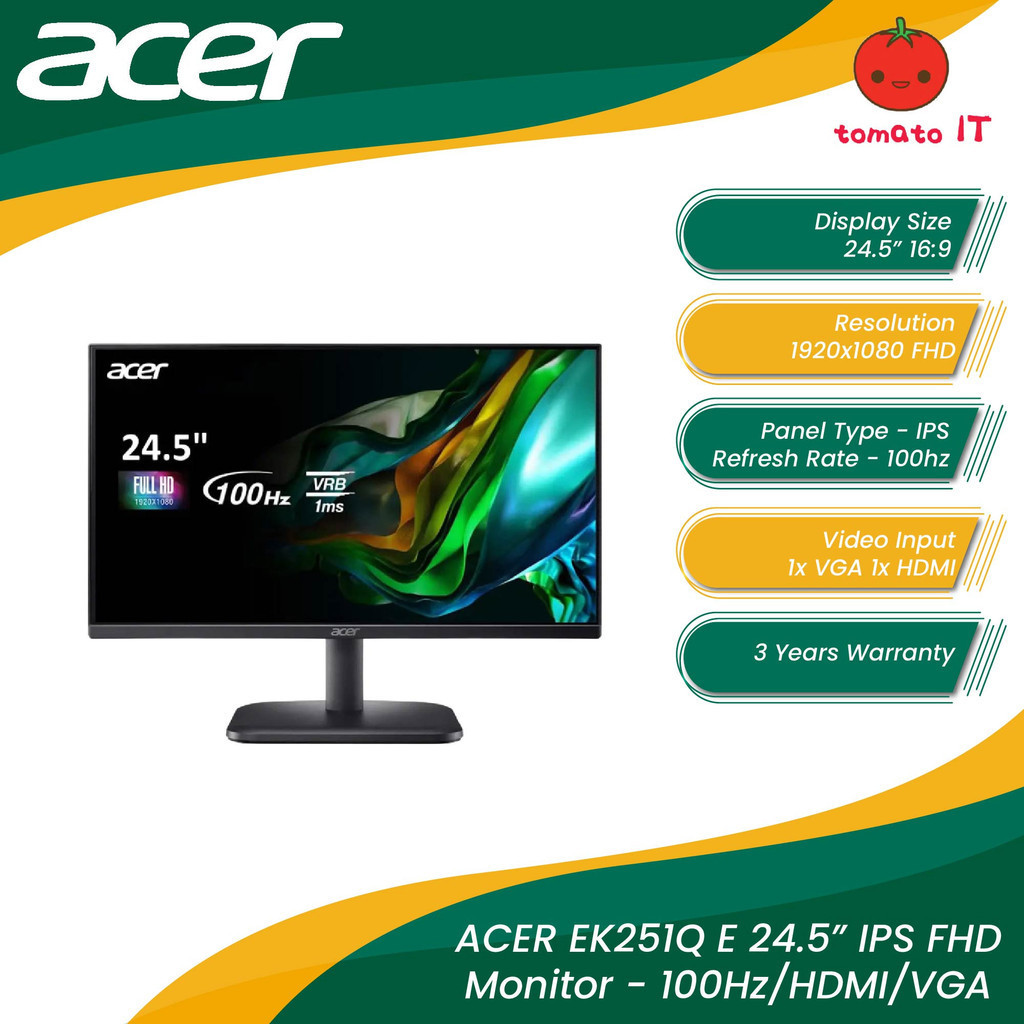 ACER EK251Q E 24.5" FHD Monitor (100Hz/IPS/1x HDMI/1x VGA) | Shopee ...