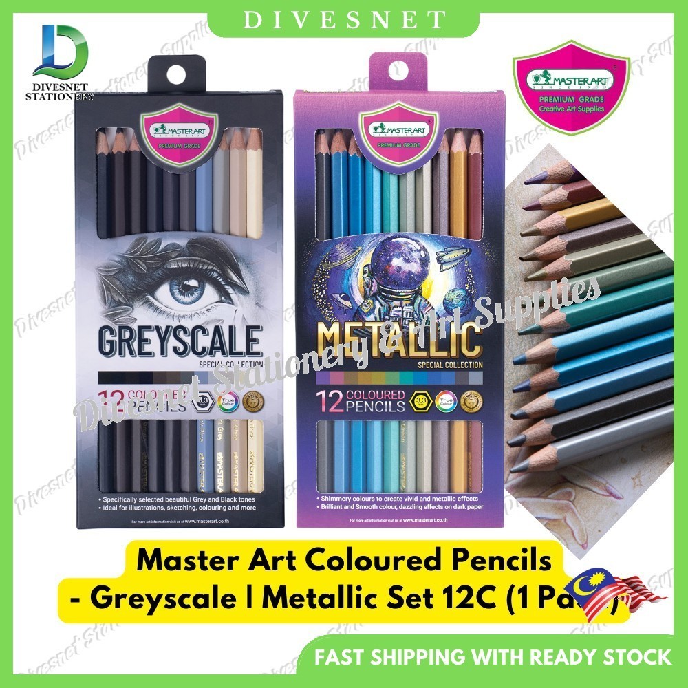 Master Art Coloured Pencils - Greyscale | Metallic Set 12 Colours ...