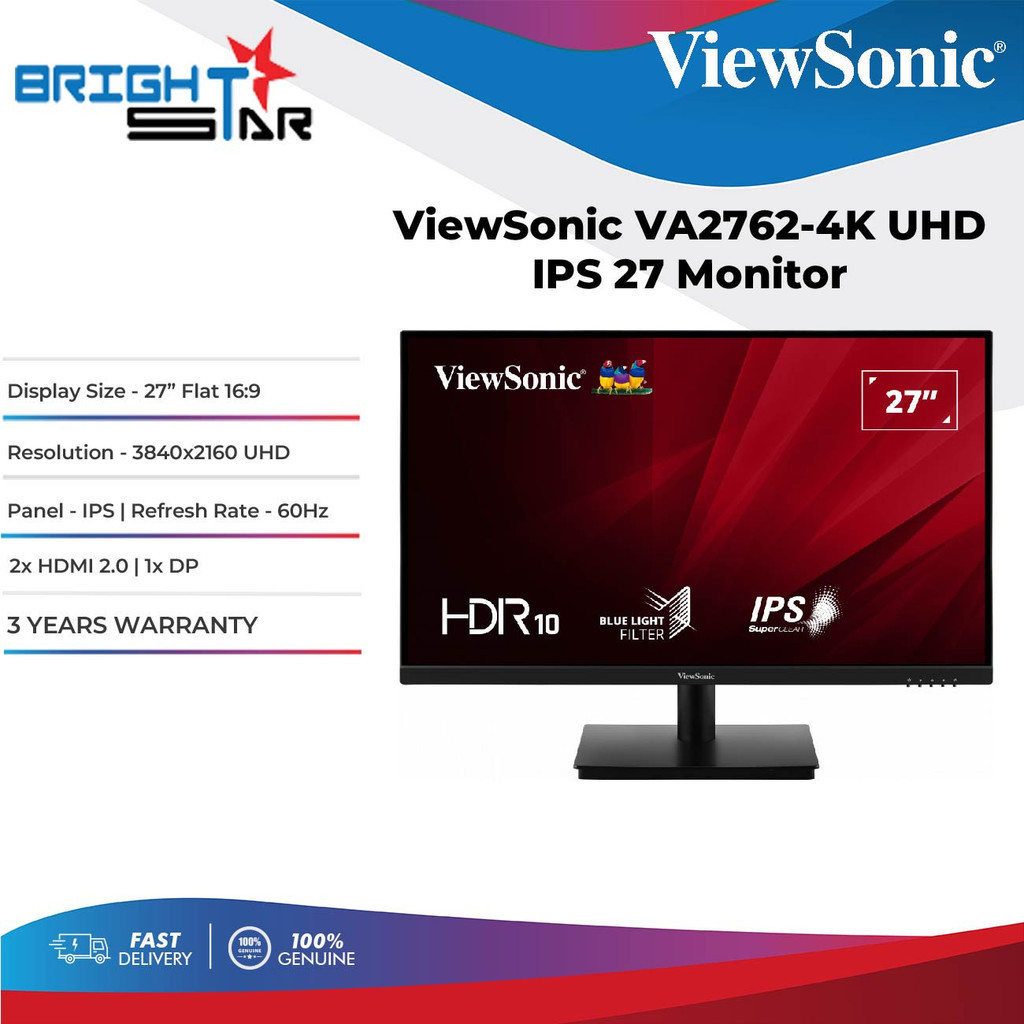 VIEWSONIC VA2762-4K UHD 27" IPS Monitor (60Hz/4ms/2x HDMI /1x DP/VESA ...