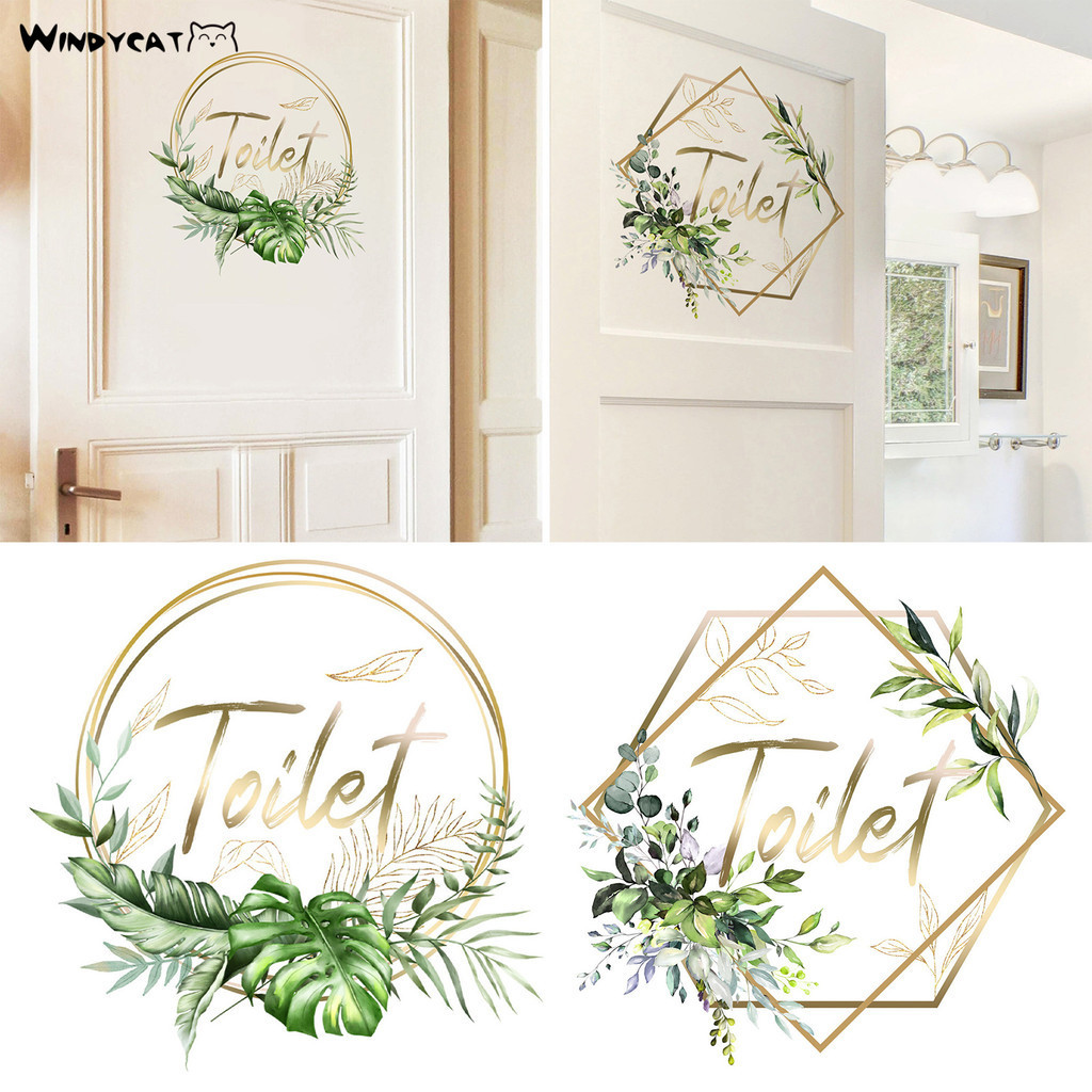 [WINC] Green Plant Toilet Door Sticker Golden Letter Removable Self ...