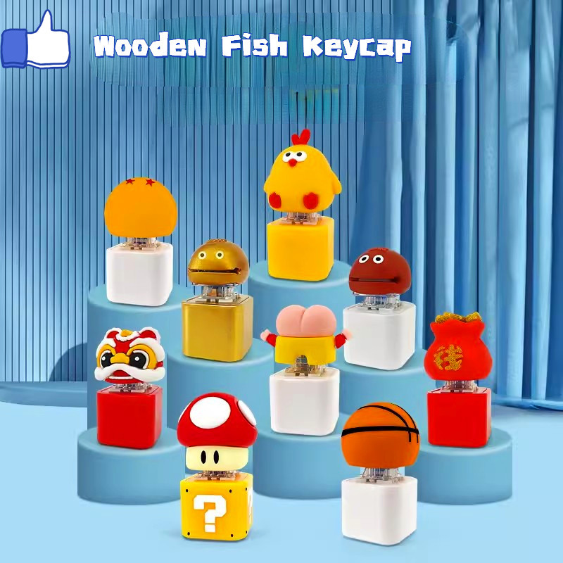 Cartoon Keycap Toy Keychain Pendant Wooden Fish Keycap Fidget Toy with ...