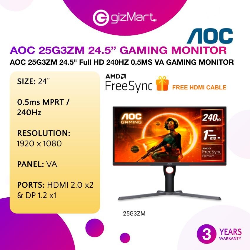 AOC 24.5" 25G3ZM VA FHD Freesync Premium Adaptive Sync 240Hz 0.5ms ...