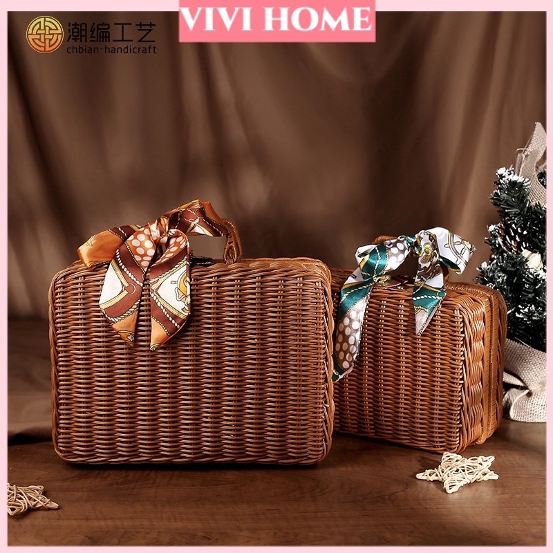 Rattan Storage Box with Lid Vintage Rattan Woven Storage Case Makeup ...