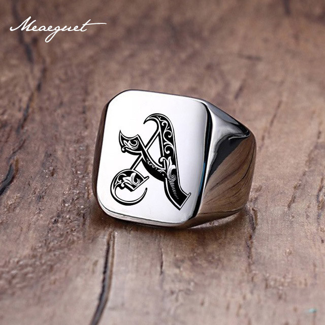 Meaeguet Custom Initial Signet Ring for Men 26 Letter Ring Stainless ...