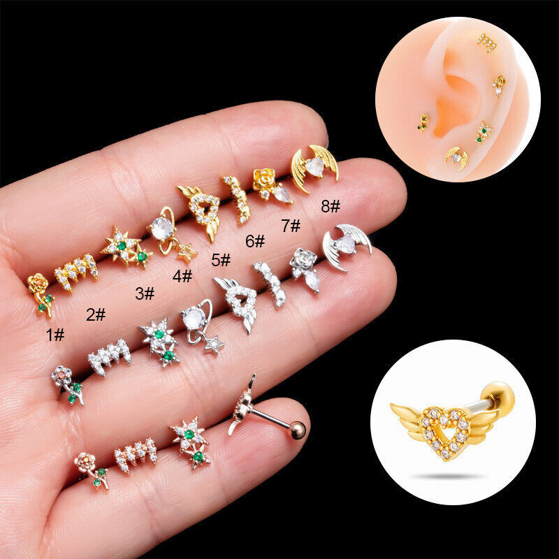 Crystal Tragus Helix Cartilage BAR Screw in Earring Upper Ear Piercing ...