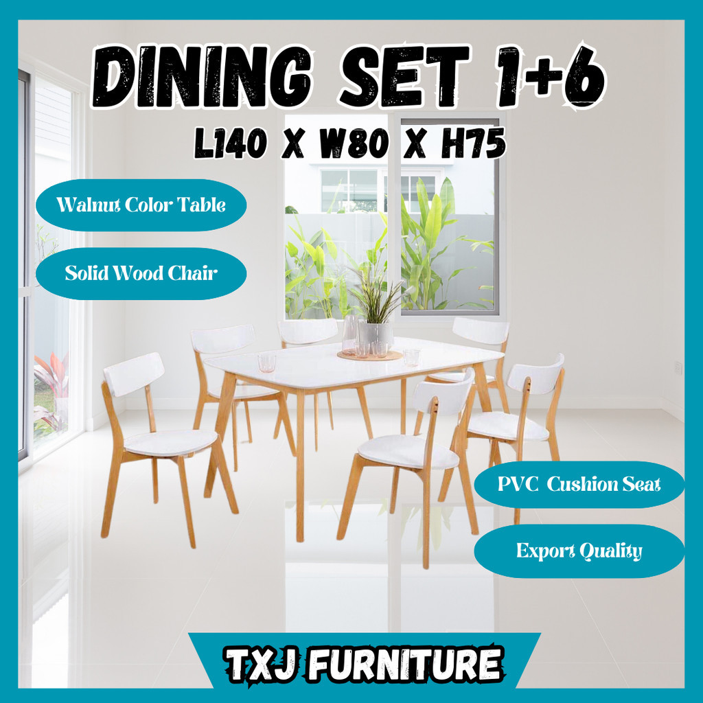 TXJ - [ 1+6 ] Scandinavian White Dining Set (One Table 6 chairs) Meja ...