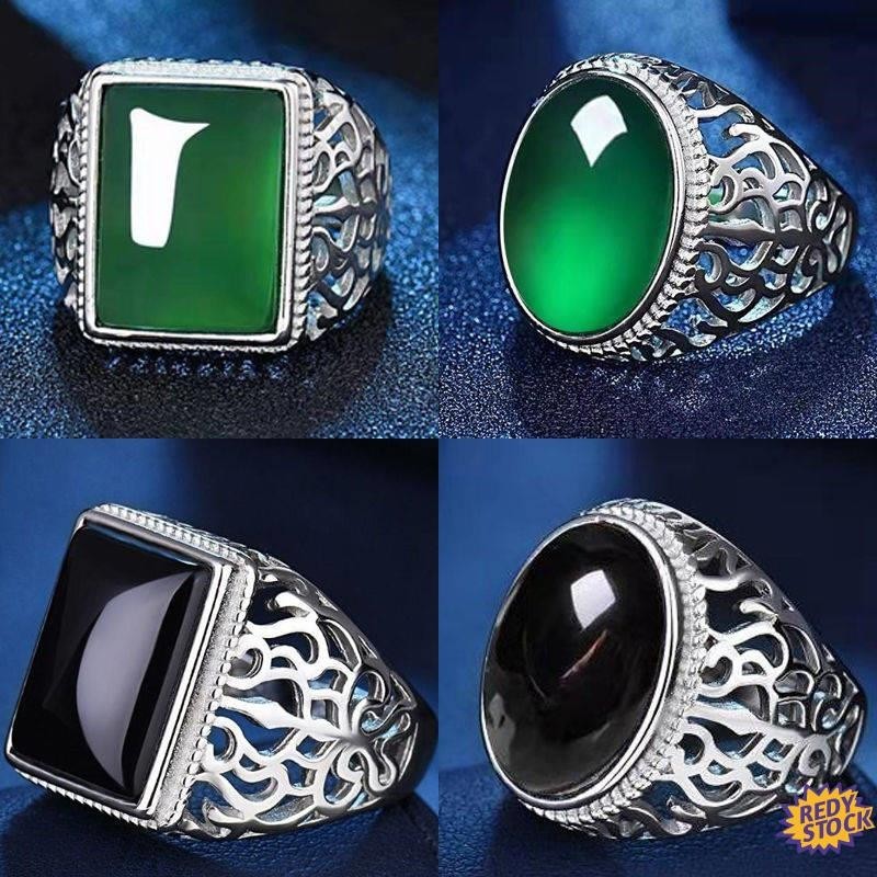Ready Stock Cincin lelaki Vintage trendy S925 sterling silver emerald ...