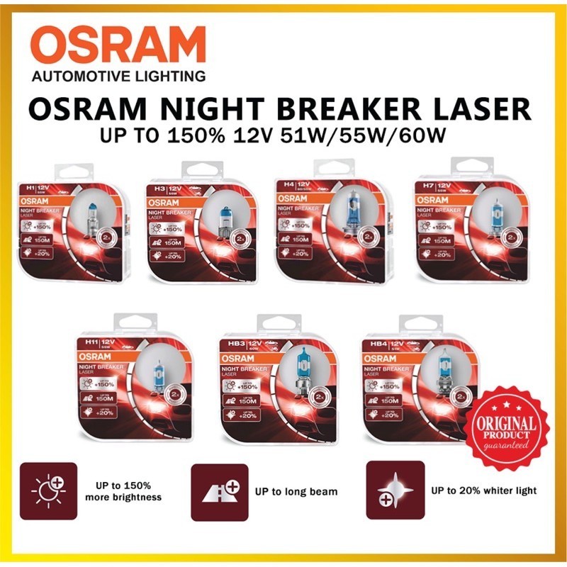 Osram Night Breaker Laser +150% Brighter Head Lights Bulbs - H1,H3,H4 ...