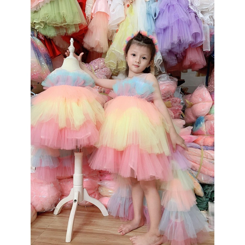 Rainbow fishtail mesh princess dress with clasp (detachable fishtail ...