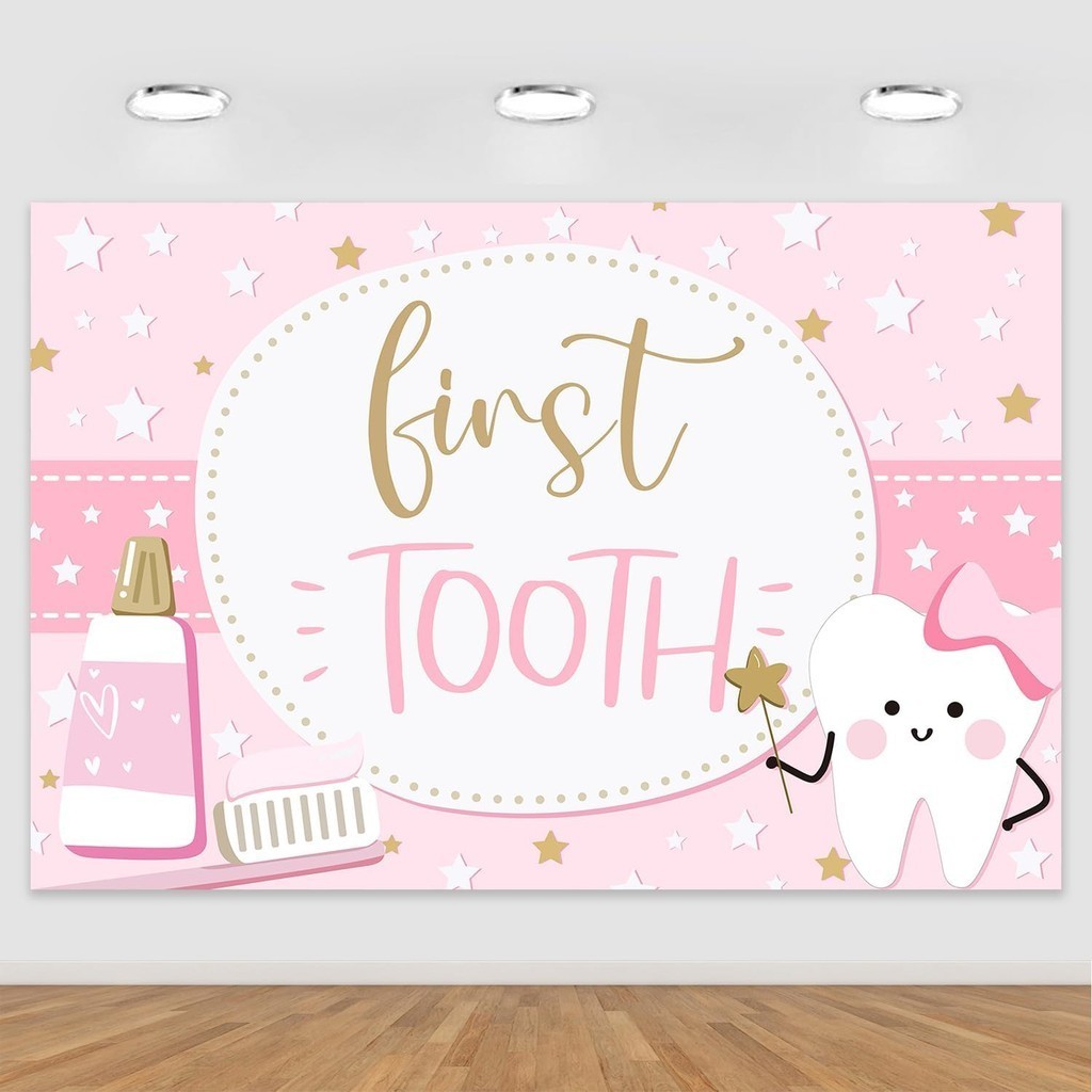 Jollyboom Pink First Tooth Backdrop for Girls Cute Teeth Cloth Backdrop ...