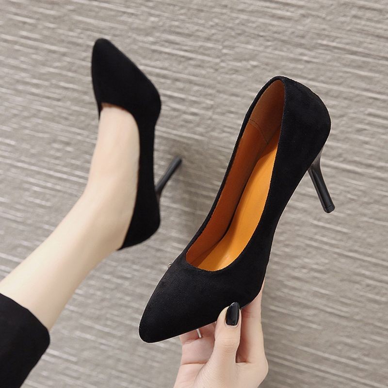 2024 Pointed Toe Black High Heels Professional Suede Mid-Heel Stilettos ...