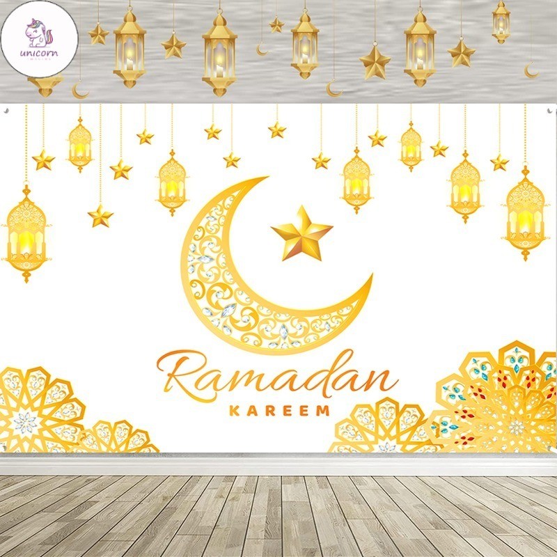 UN 100*150CM White Gold Ramadan Kareem Banner Hari Raya Decorations ...